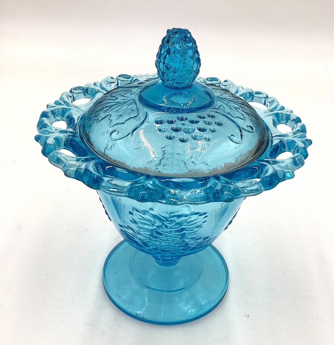1950s Light Blue Compote With Lid - Harvest Grape Decorative Patten ...