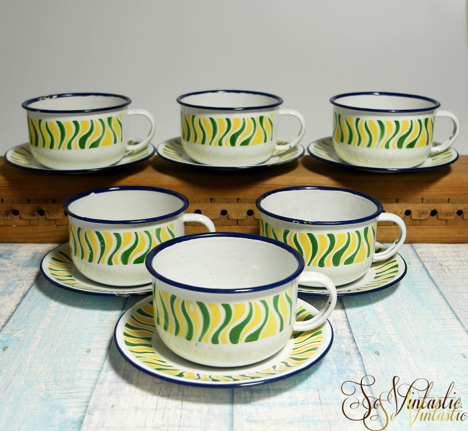 RARE Vintage Enamel Cups and Saucers 6x, Stencil Enamel Ware, Blue ...