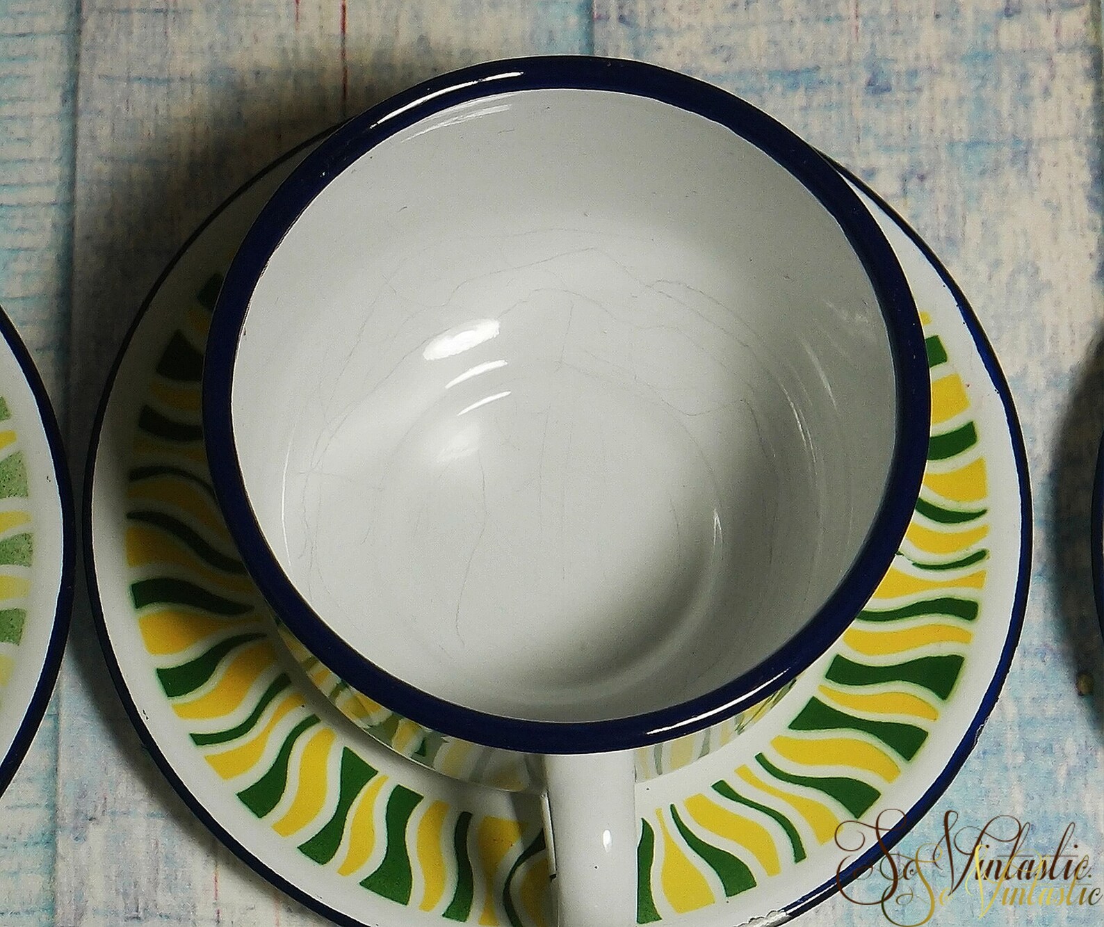 RARE Vintage Enamel Cups and Saucers 6x, Stencil Enamel Ware, Blue ...