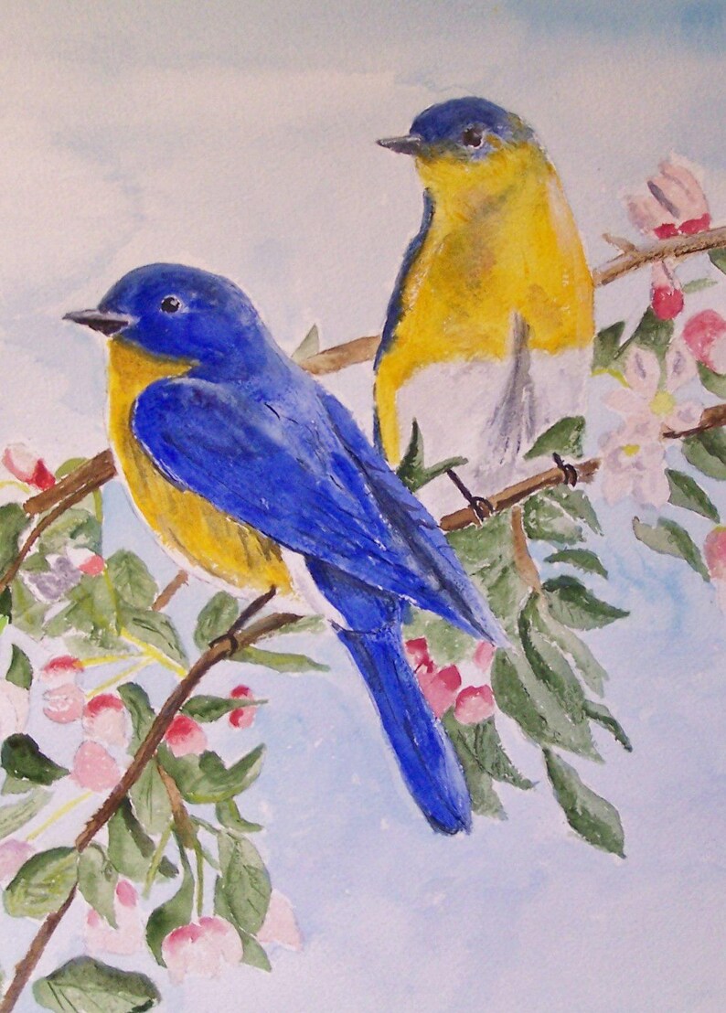 Painting of Bluebirds,bluebirds in Tree,blue and Yellow Bird,artist ...