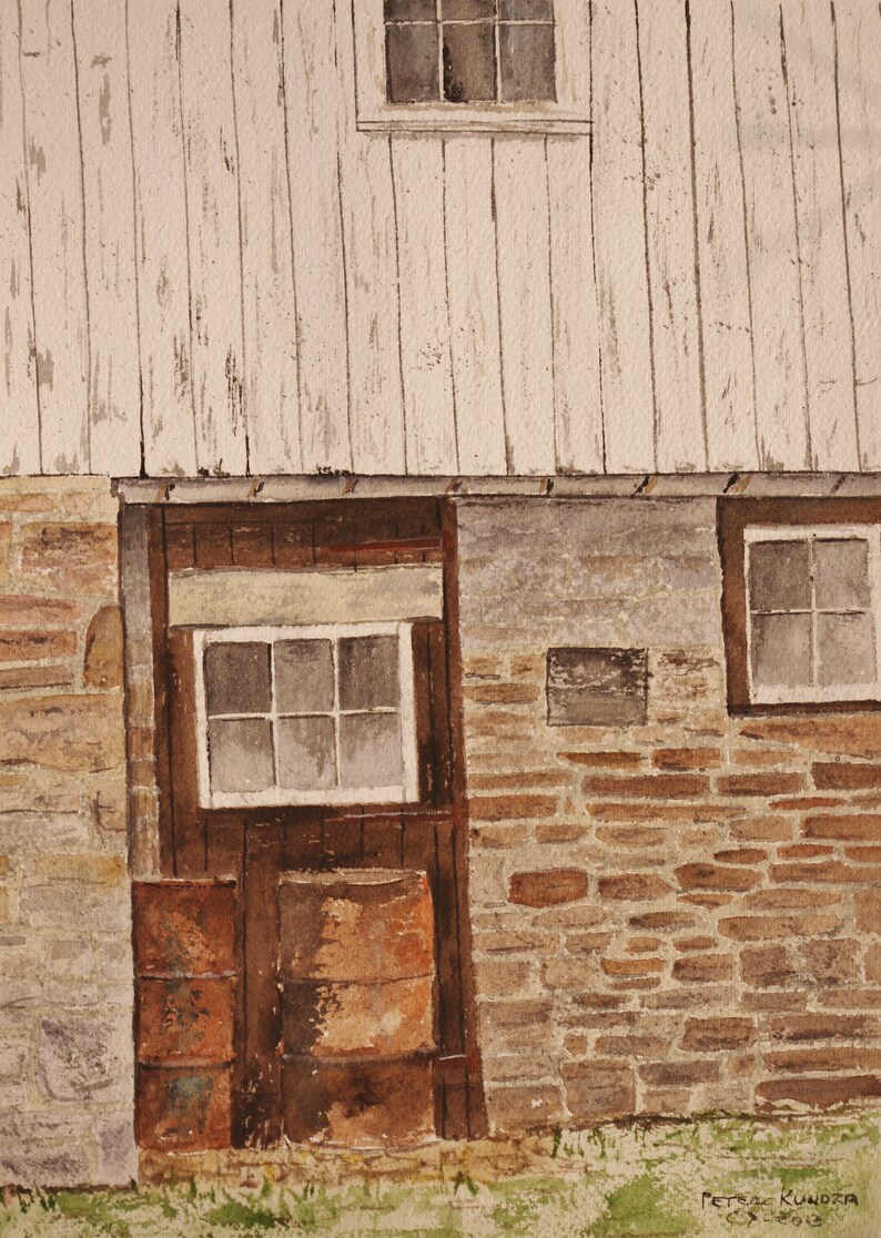Original Barn and Rusty Barrels Watercolor Painting, 8x11",artist Peter ...