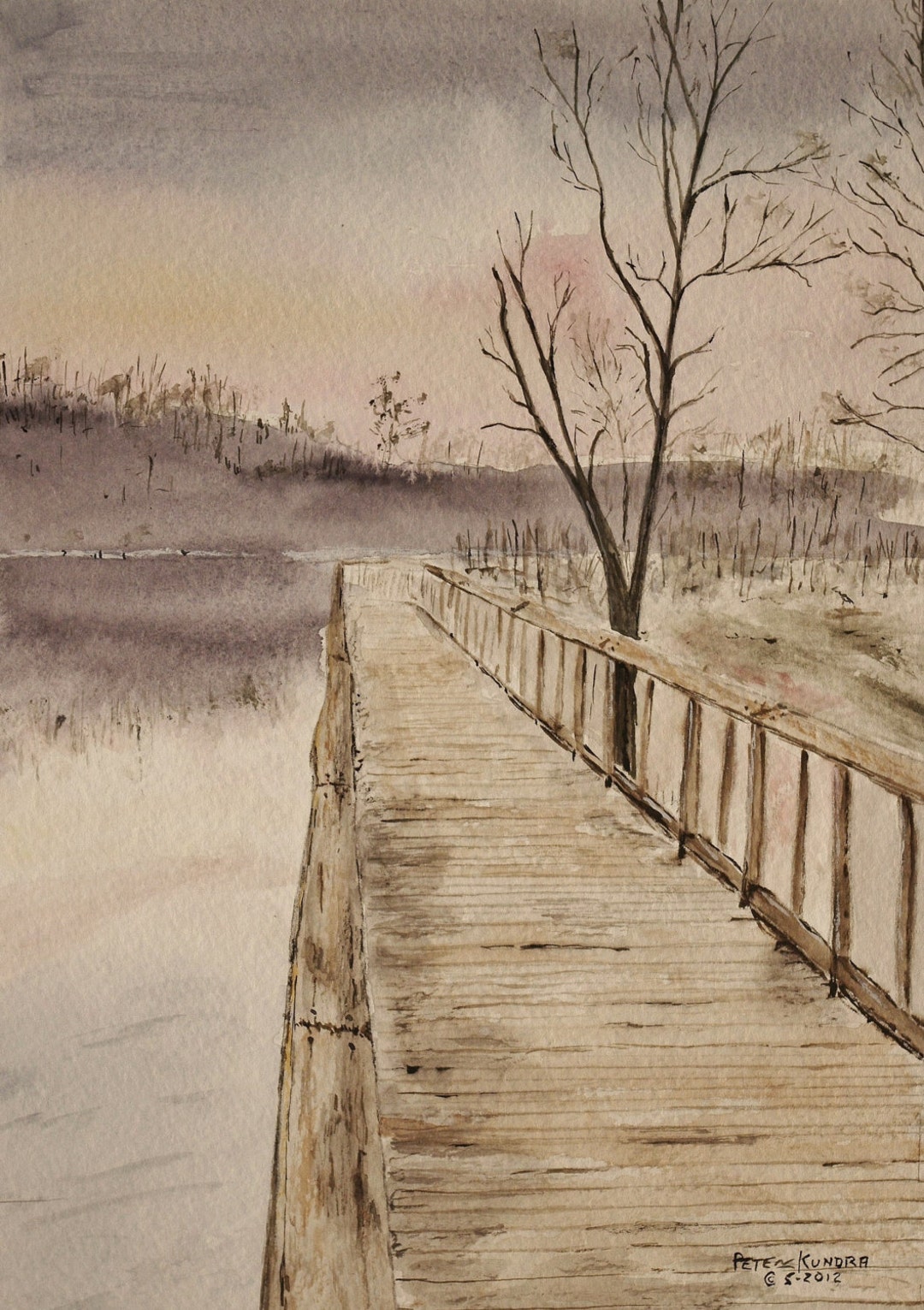 Original Watercolor Pond Painting: Dock Landscape Art,peaceful Pond ...
