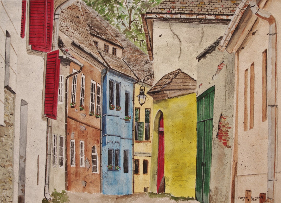PRINT of Town Scene,scenic Old City,colorful Buildings,lantern ...