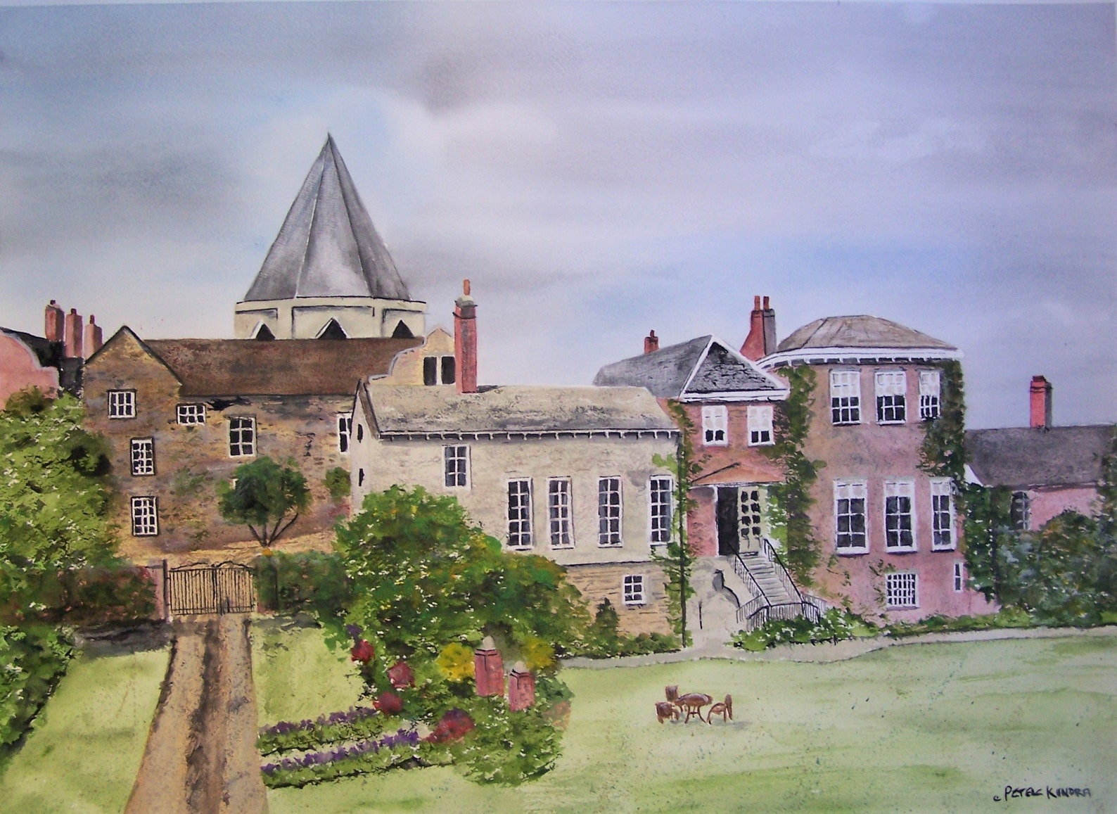 Painting of Townscape,campus Scene,old Buildings,brick Structures,stone ...