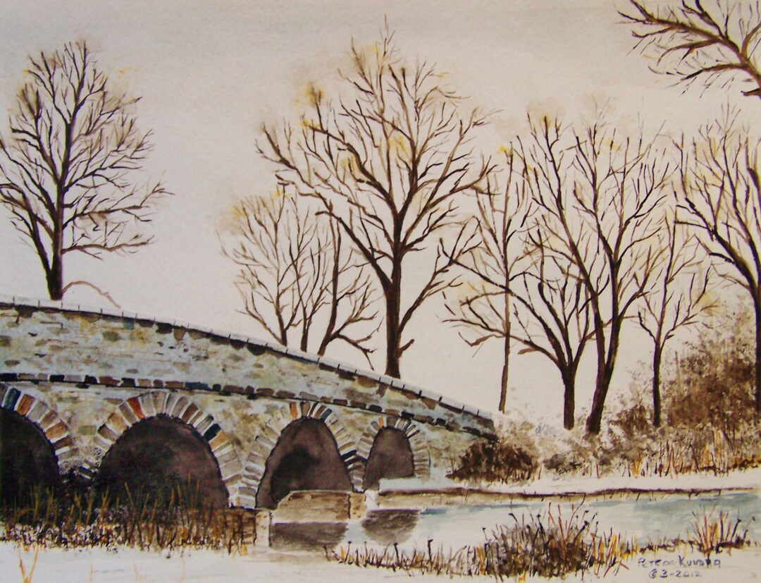 Arched Stone Bridge Watercolor Painting, Original Winter Landscape Art ...