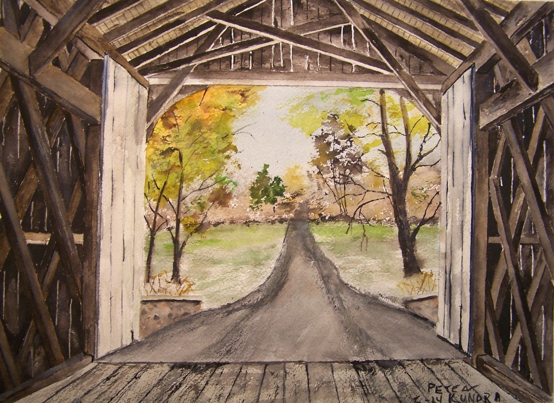 Covered Bridge Scene,wooden Bridge,old Covered Bridge,bridge Painting ...