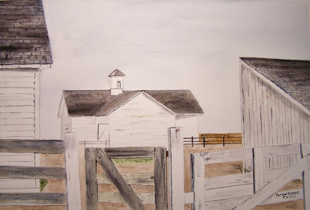 Original Watercolor Painting, White Barn Landscape, Farm Scene, - Etsy