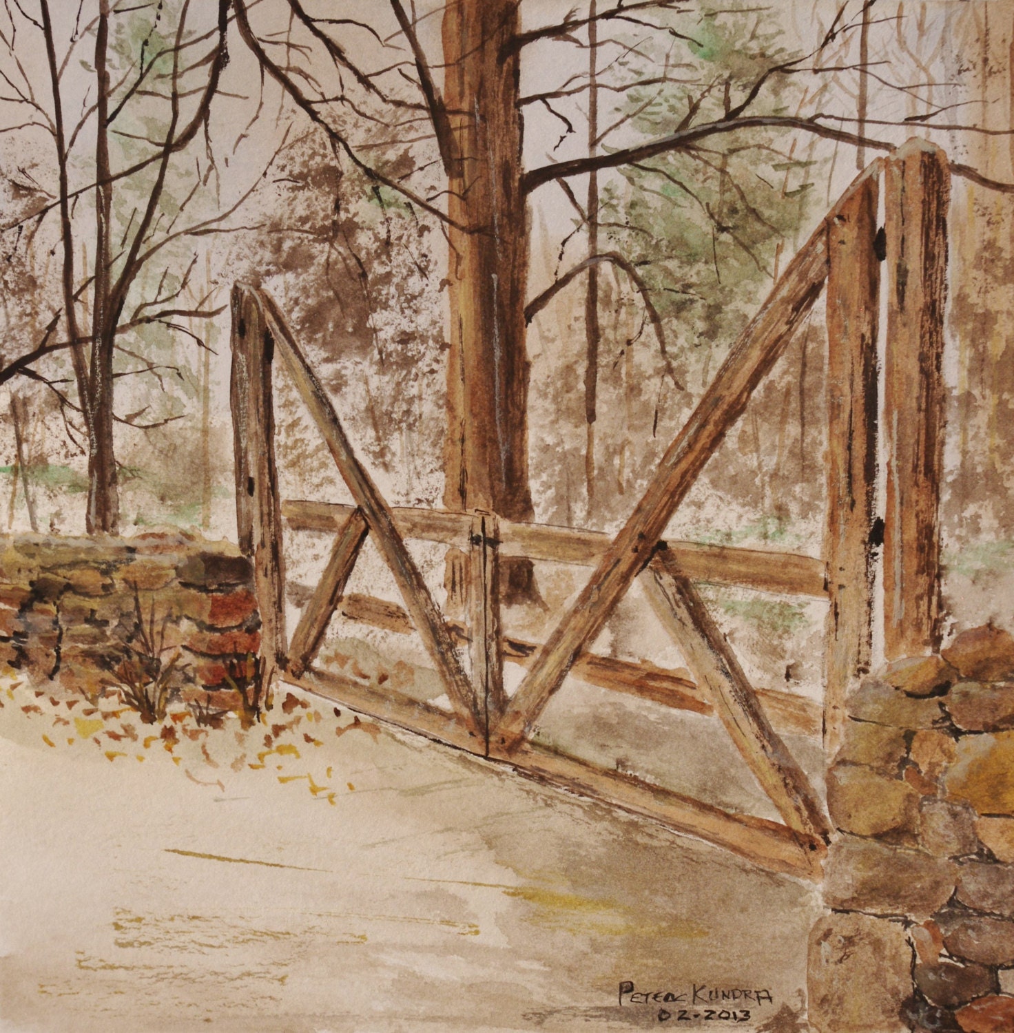 Original Watercolor Painting, Wooden Gate, Landscape Art,artist Peter ...