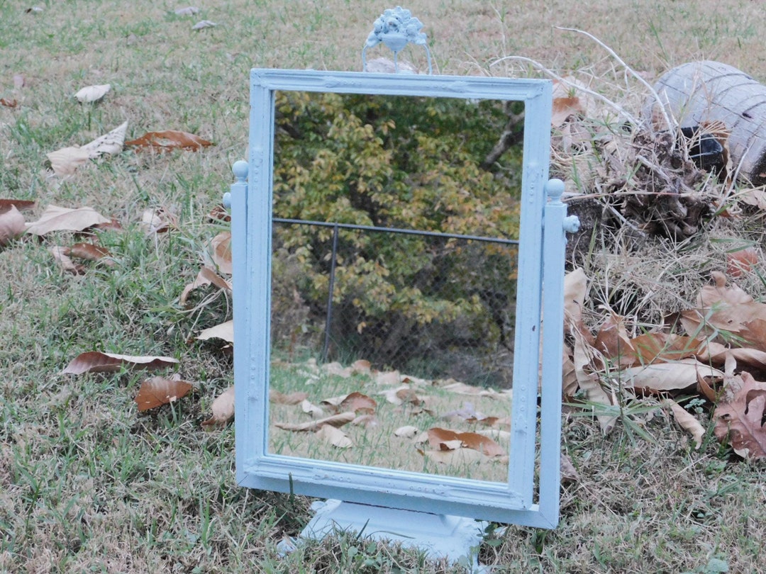 Vintage Decorative Rustic Wooden Shaving Mirror Powder Blue Primitive ...