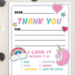 Unicorn and Rainbow Thank You Printable, Thank You Cards for Kids, Fill ...