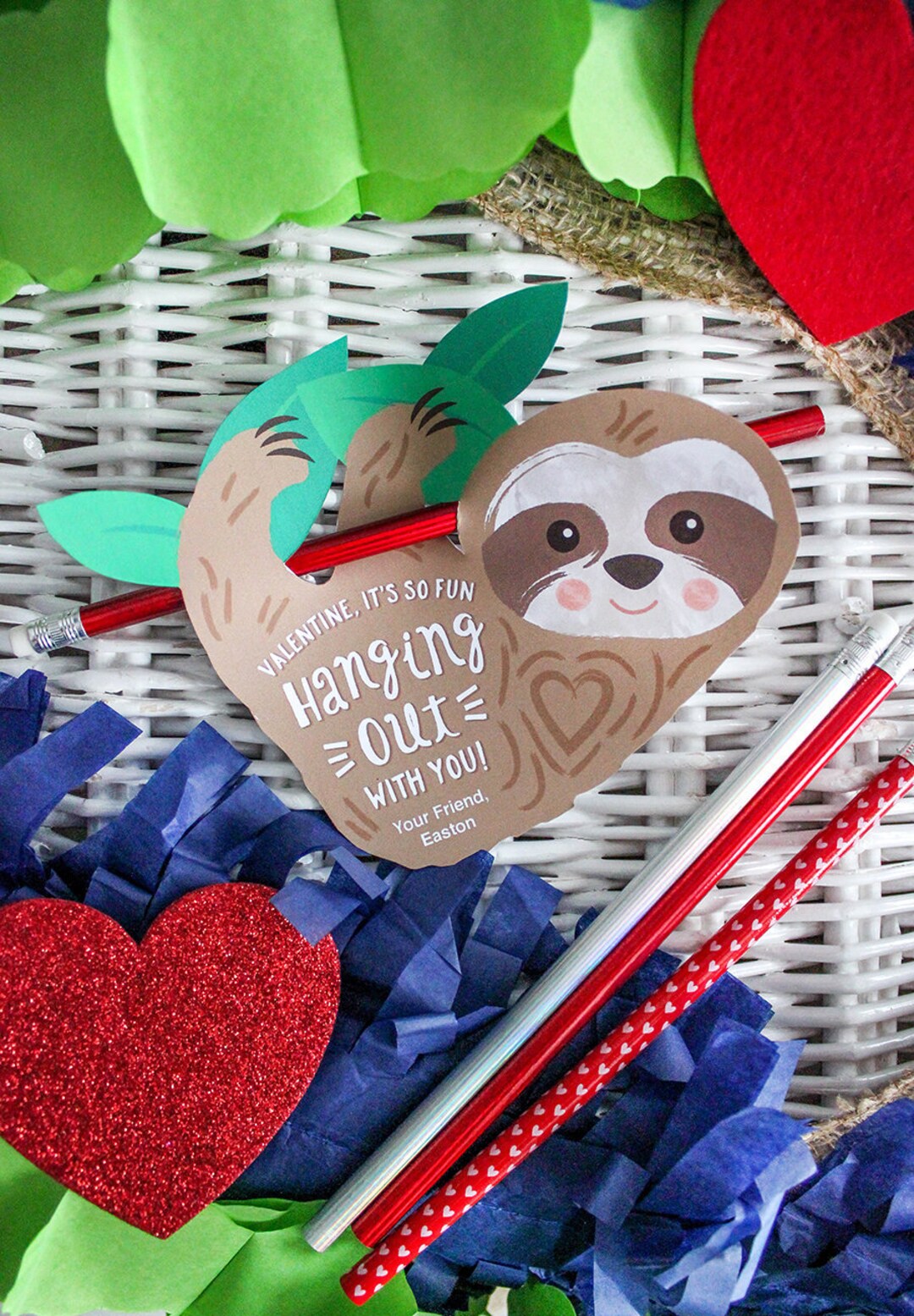 Sloth Kids Valentine, Sloth Pencil Hugger, Pencil, Sloth, Classroom ...