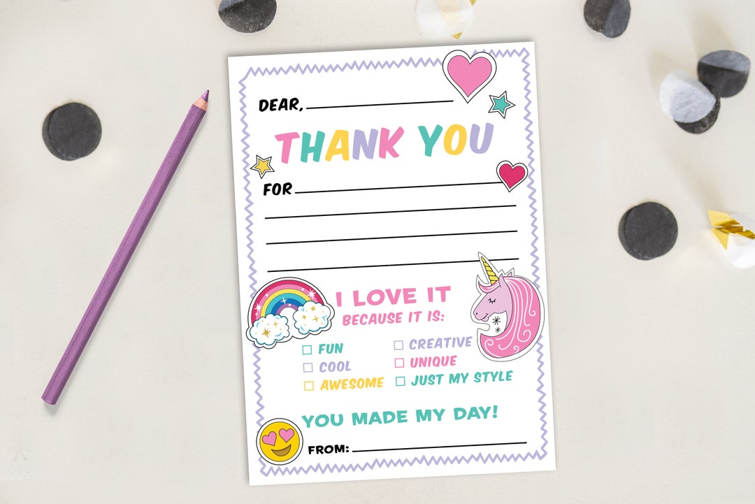 Unicorn and Rainbow Thank You Printable, Thank You Cards for Kids, Fill ...