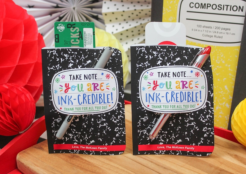 Notebook and Pen Printable, Gift Card Holder Printable, Teacher Gift ...