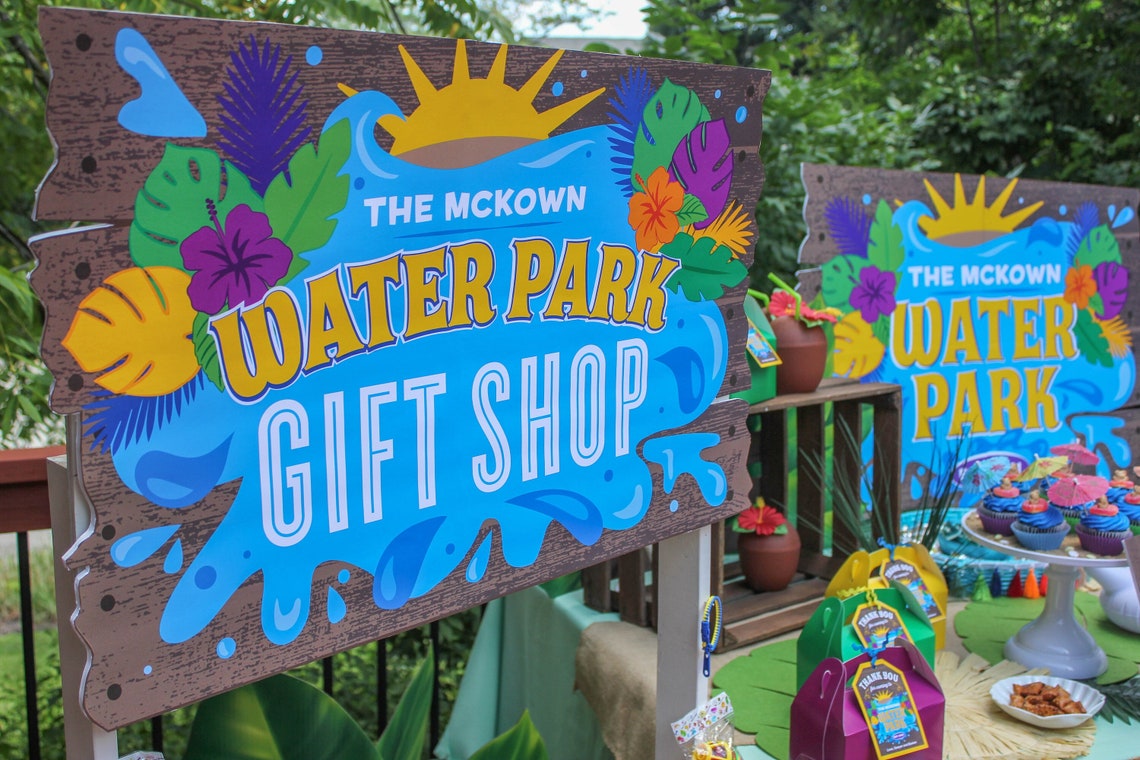Water Park Party Gift Shop Sign and Thank You Tag Printables, Water ...