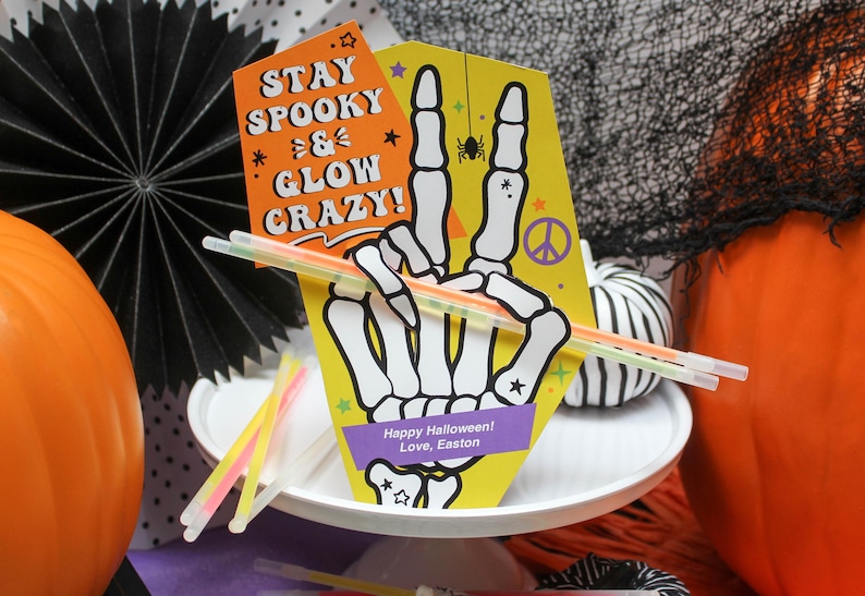 Peace Sign Skeleton Hand Halloween Printable, Glow Stick Halloween Gift ...