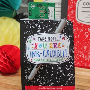 Notebook and Pen Printable, Gift Card Holder Printable, Teacher Gift ...