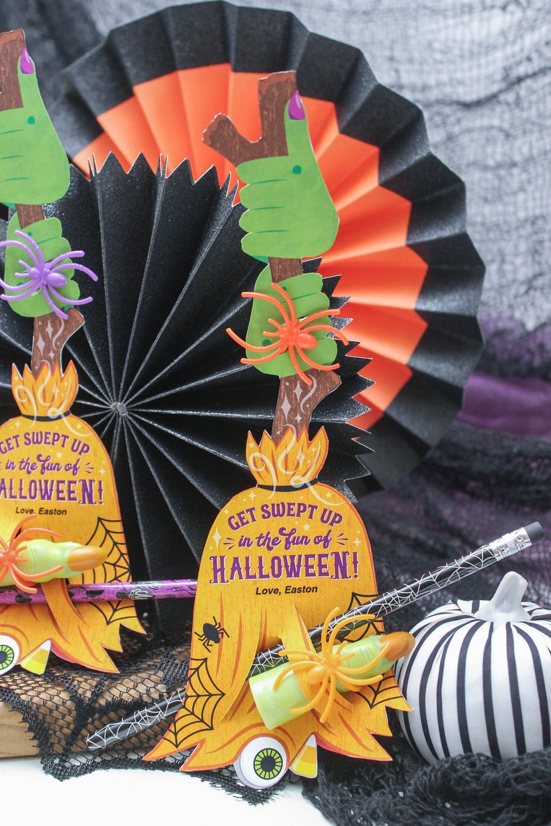 Witch Broom Halloween Printable Cards, Halloween Party Favor, Class ...