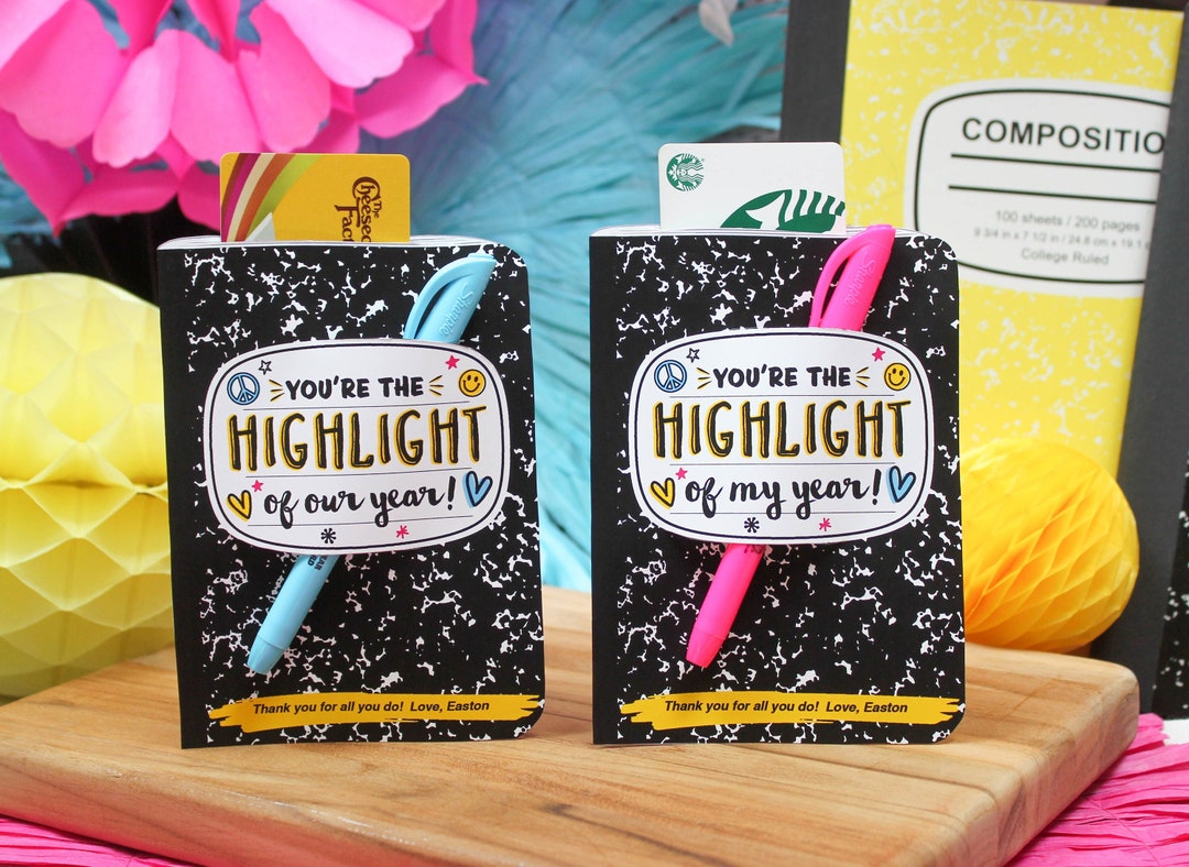 Notebook and Highlighter Printable, Gift Card Holder Printable, Teacher ...