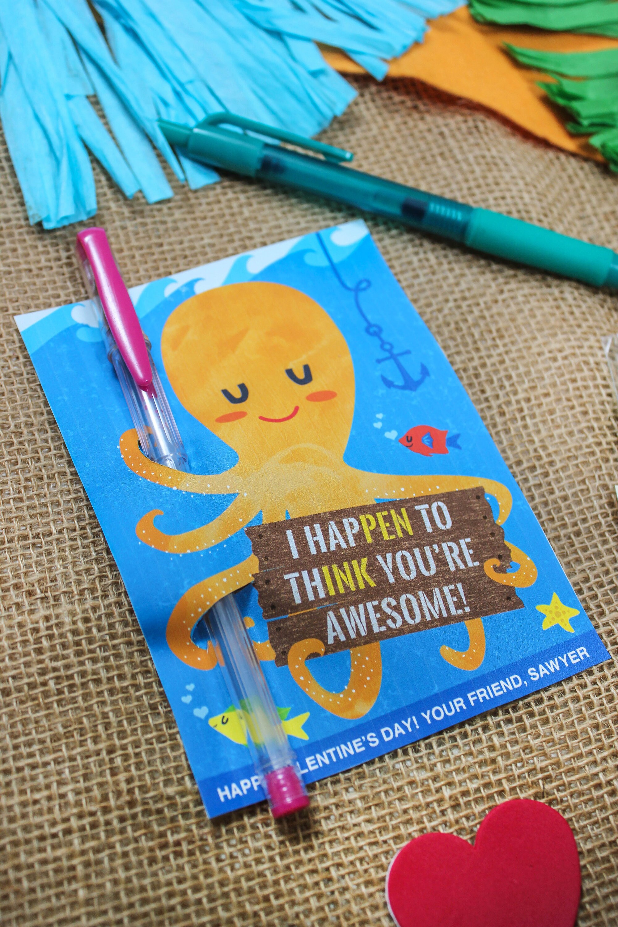 Octopus Kids Valentine Printable, Classroom Valentine, School Valentine ...