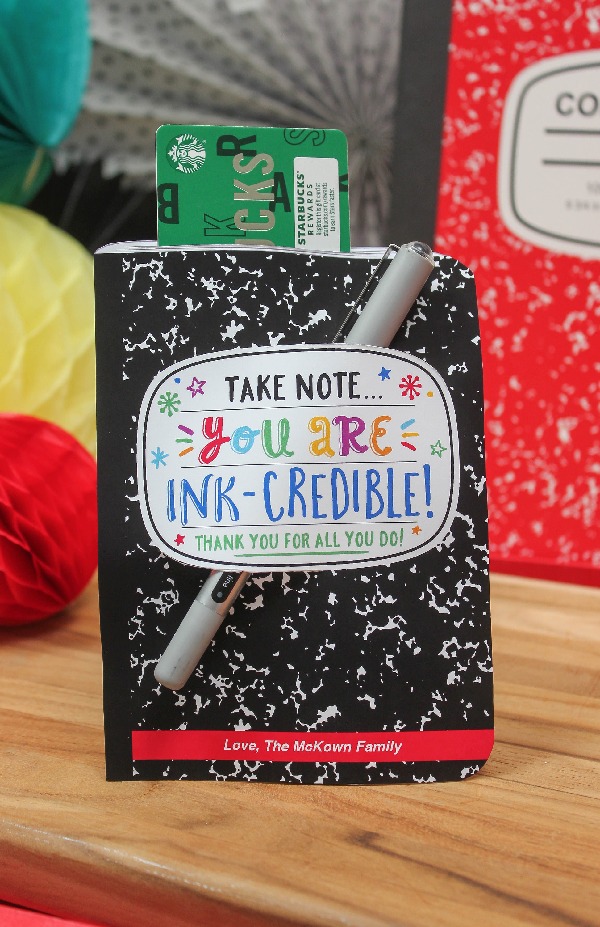 Notebook and Pen Printable, Gift Card Holder Printable, Teacher Gift ...
