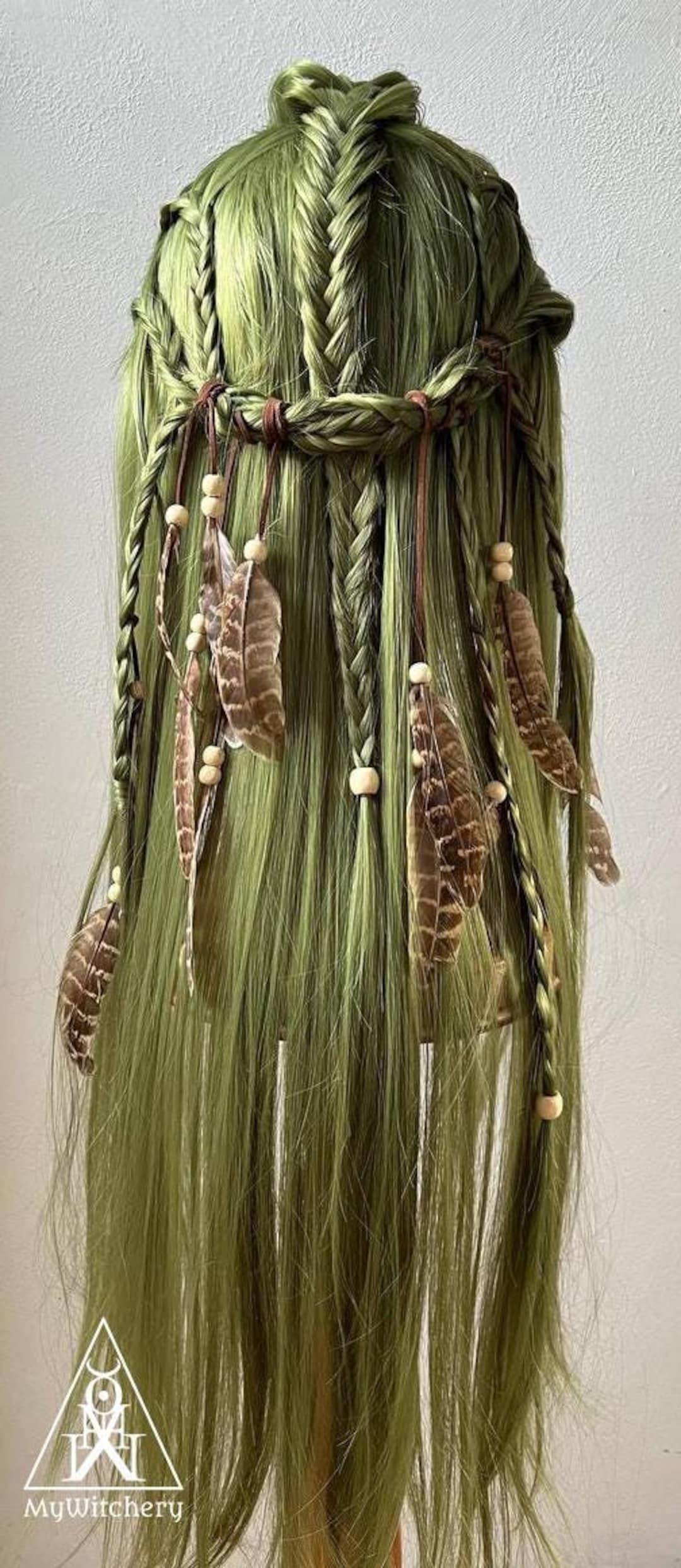 Green Witch Braided Wig With Feathers and Hair Jewelry TO ORDER - Etsy