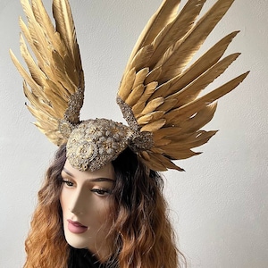 Valkyrie Wings Headdress, Freya Headpiece, Golden Pagan Crown, Goddess ...