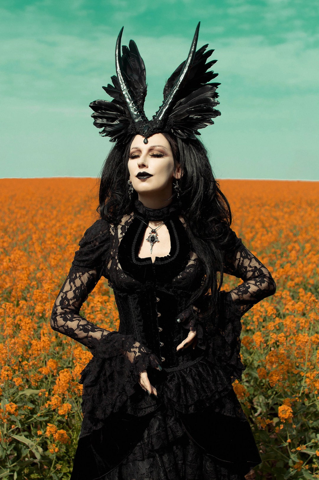 Goth Black Gothic Headdress With Horns & Feathers, Chimera Dark ...