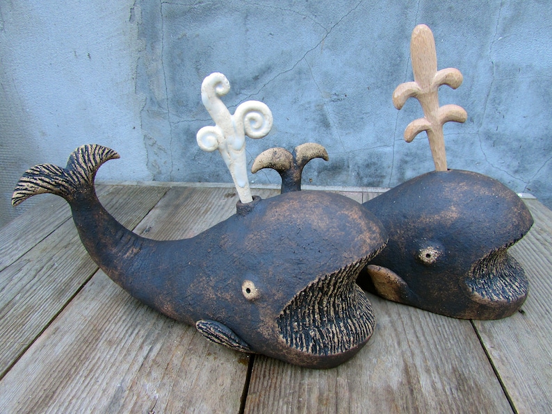 Ceramic Whale Sculptures With Ceramic or Hand Carved Wooden Water ...