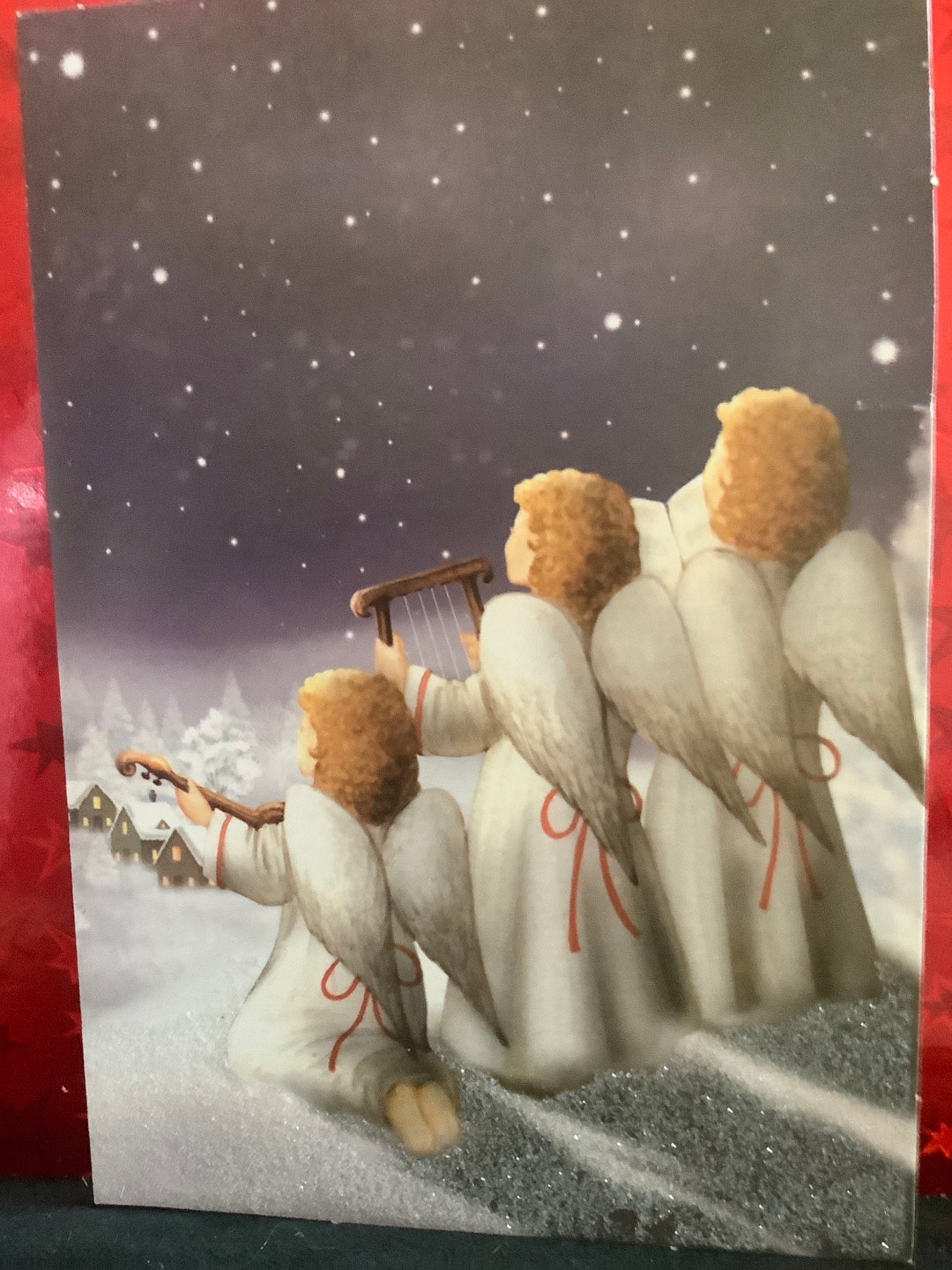 Vintage Christmas Glittered Card Three Angels Unused+env - Etsy