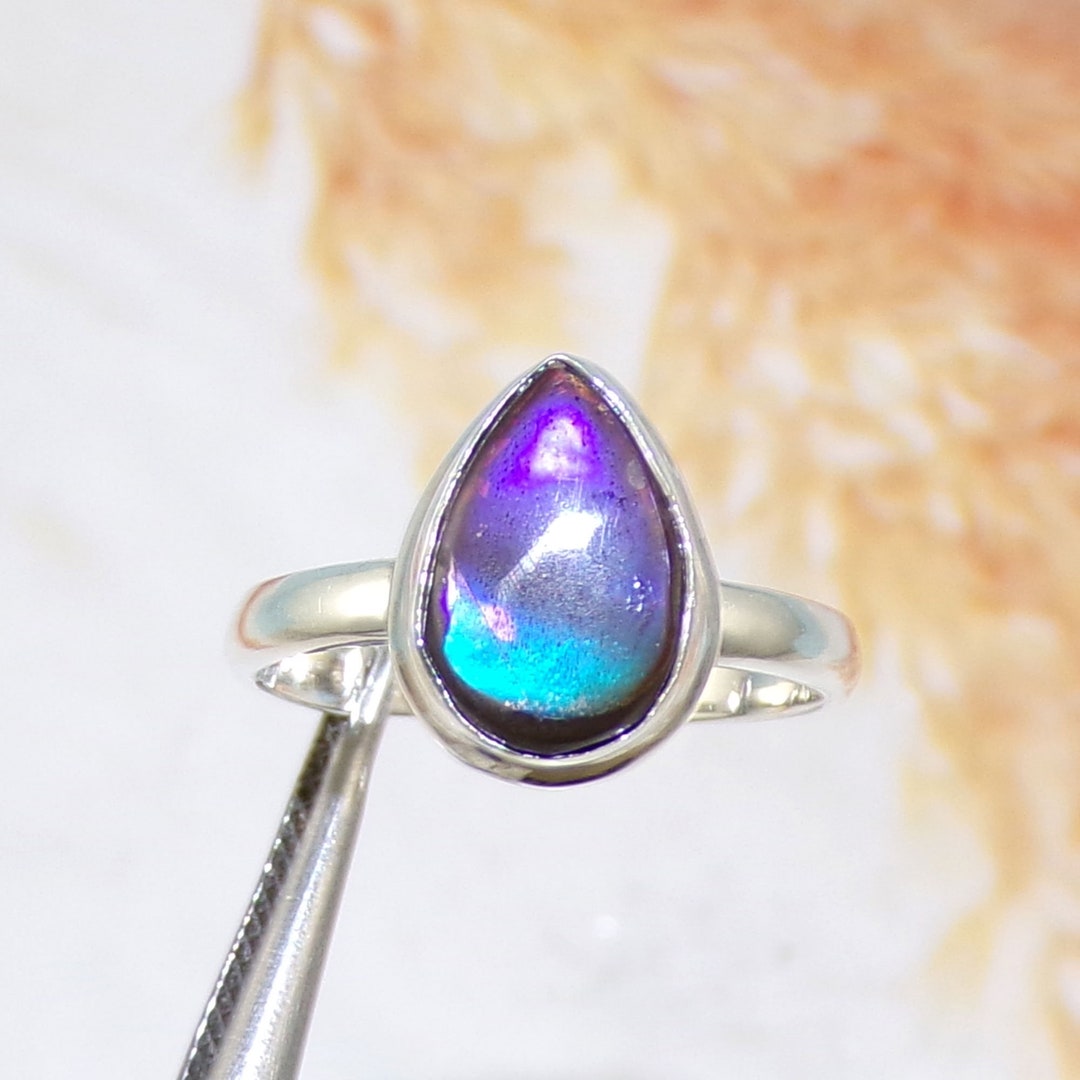 Natural Ammolite Rings, Blue Fire Ammolite Rings, Christmas Gift, Solid ...