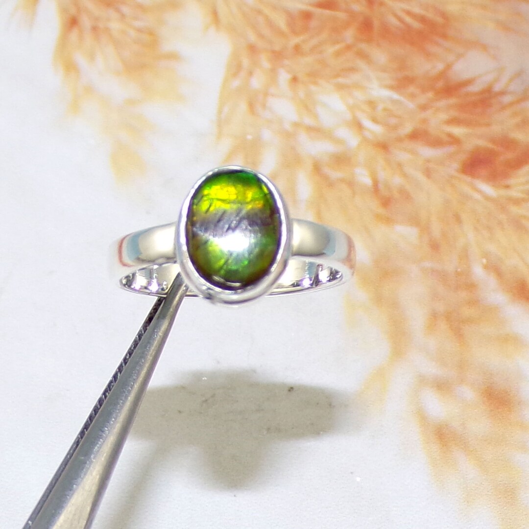 Green Fire Ammolite Ring: Solid Sterling Silver, Size 6.5US - Etsy