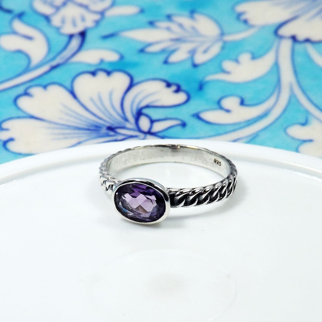 Oval Amethyst Ring: Tiny Sterling Silver Band, Size 8.5 - Etsy
