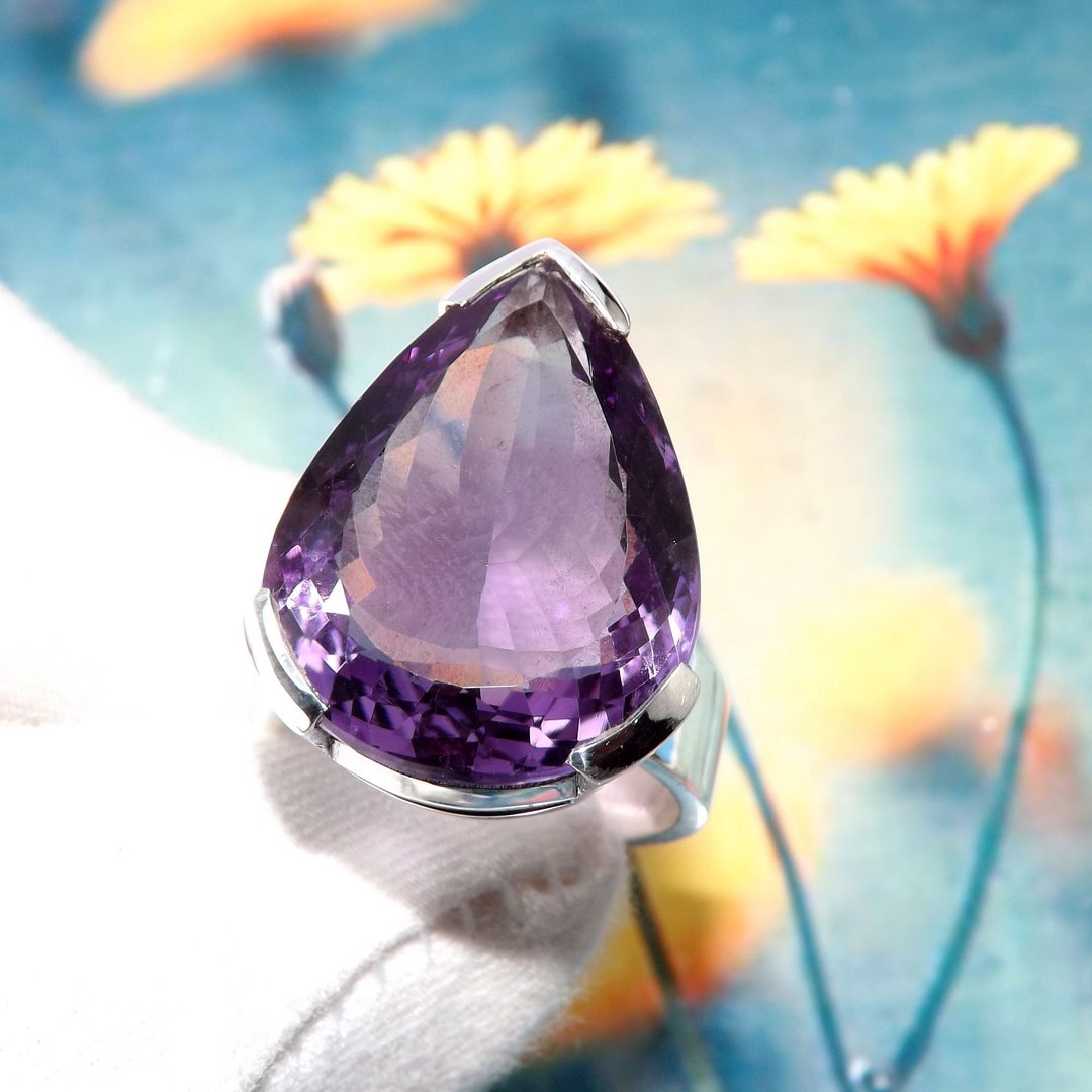 Teardrop Amethyst Ring: Huge Gemstone, 925 Sterling Silver - Etsy
