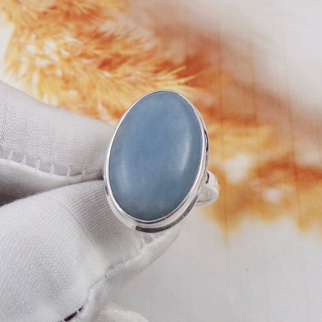 Oval Blue Angelite Ring, Blue Angelite Rings, Solid 925 Silver Ring ...