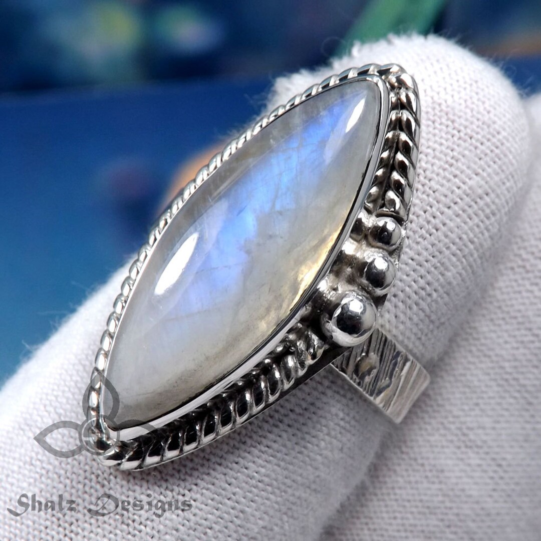 Blue Fire Rainbow Moonstone Ring, Natural Moonstone Ring, Gemstone Ring ...