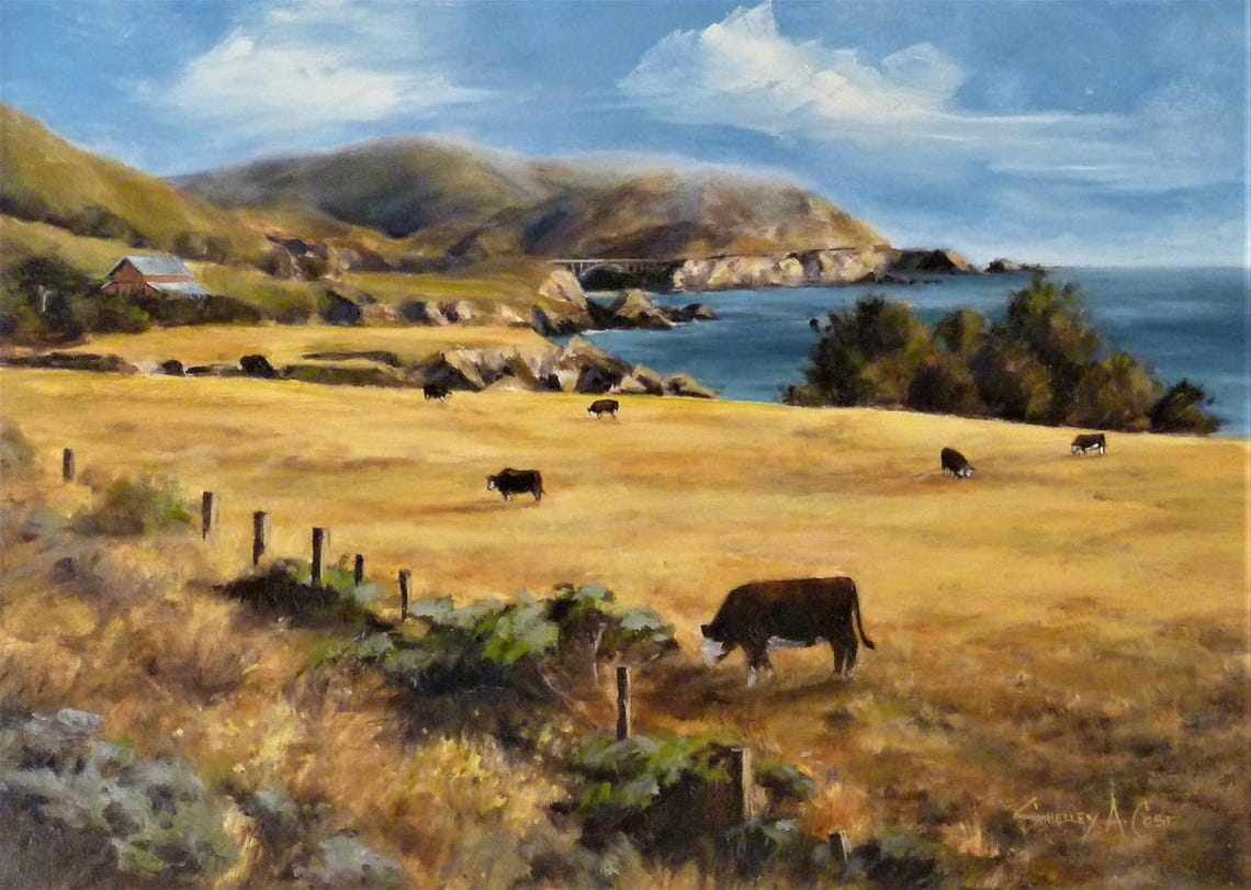 Big Sur Oil Painting Print, California Coast Bixby Bridge, Cows Grazing ...