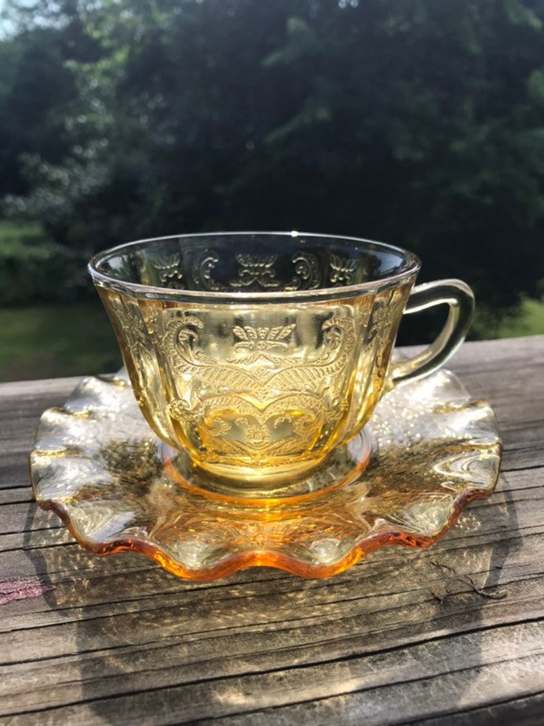 Antique Cup Saucer Gold Madrid Depression Glassware Lcww - Etsy
