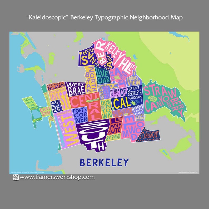 Berkeley Typographic Neighborhood Map - Kaleidoscopic Colors - Etsy