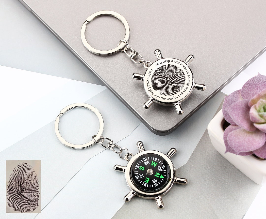 Compass Fingerprint Outdoor Keychain, Personalized Fingerprint Keyring ...