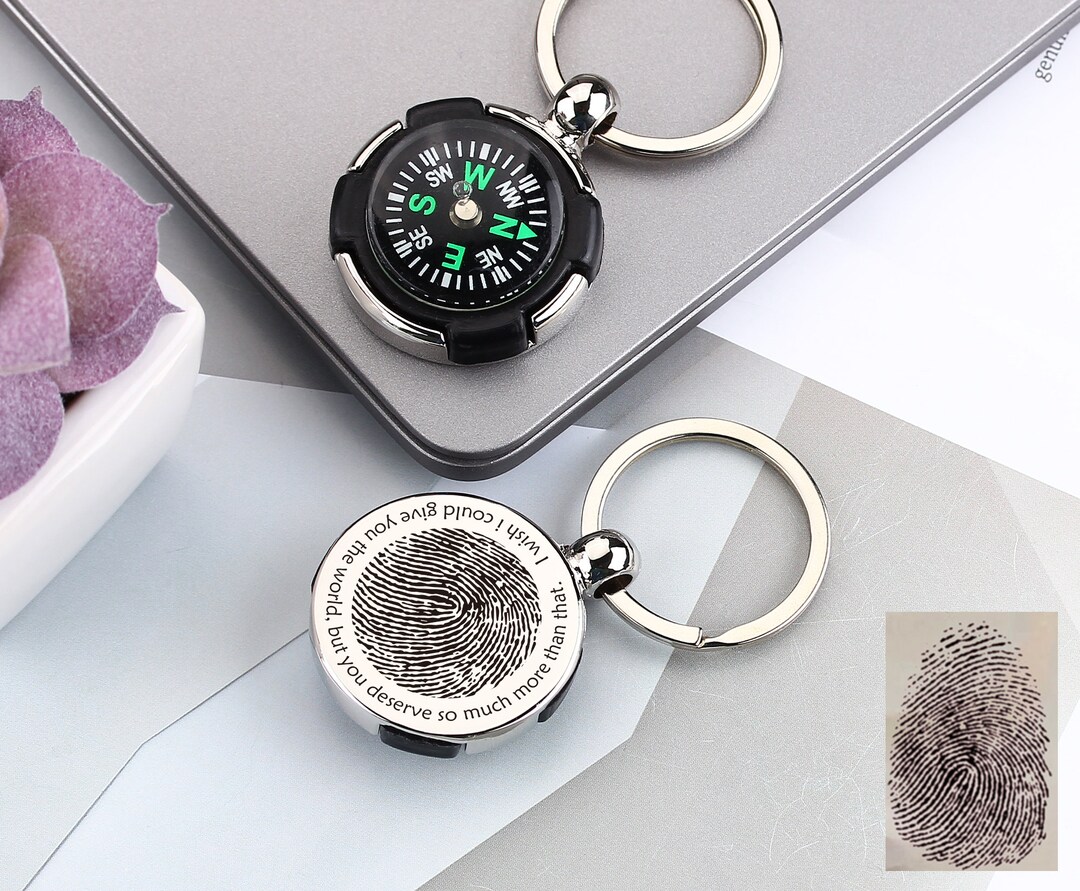 Personalized Fingerprint Key Pendants, Small Compass Keyring Pendants ...