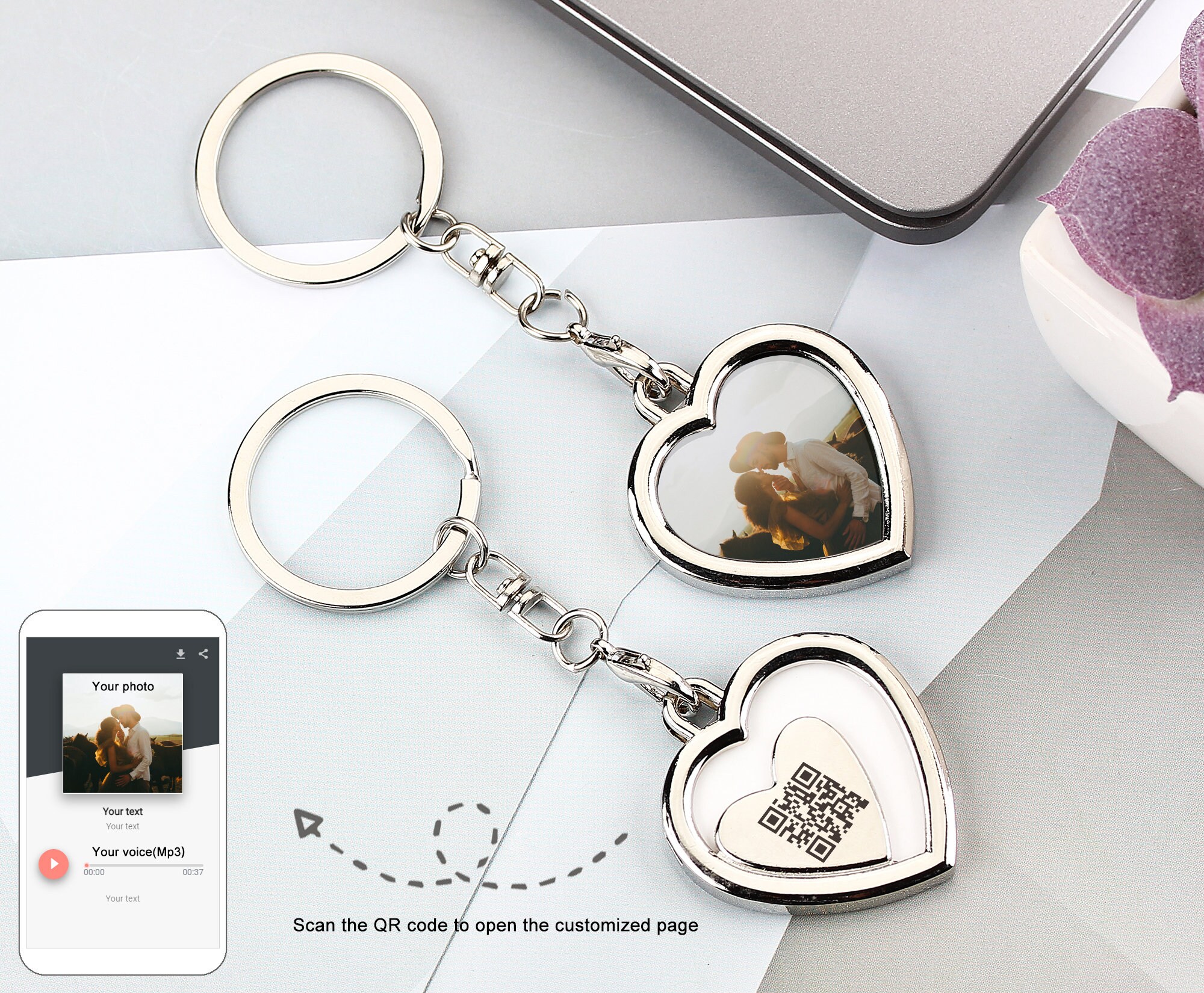 Personalized Heart Shaped Fingerprint Photo Keychain, Stainless Steel ...