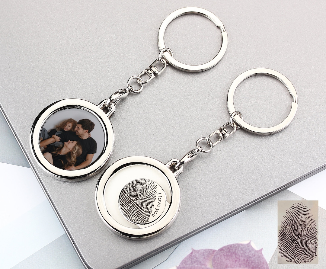 Personalized Photo Keyring, Stainless Steel Custom Fingerprint Keyring ...