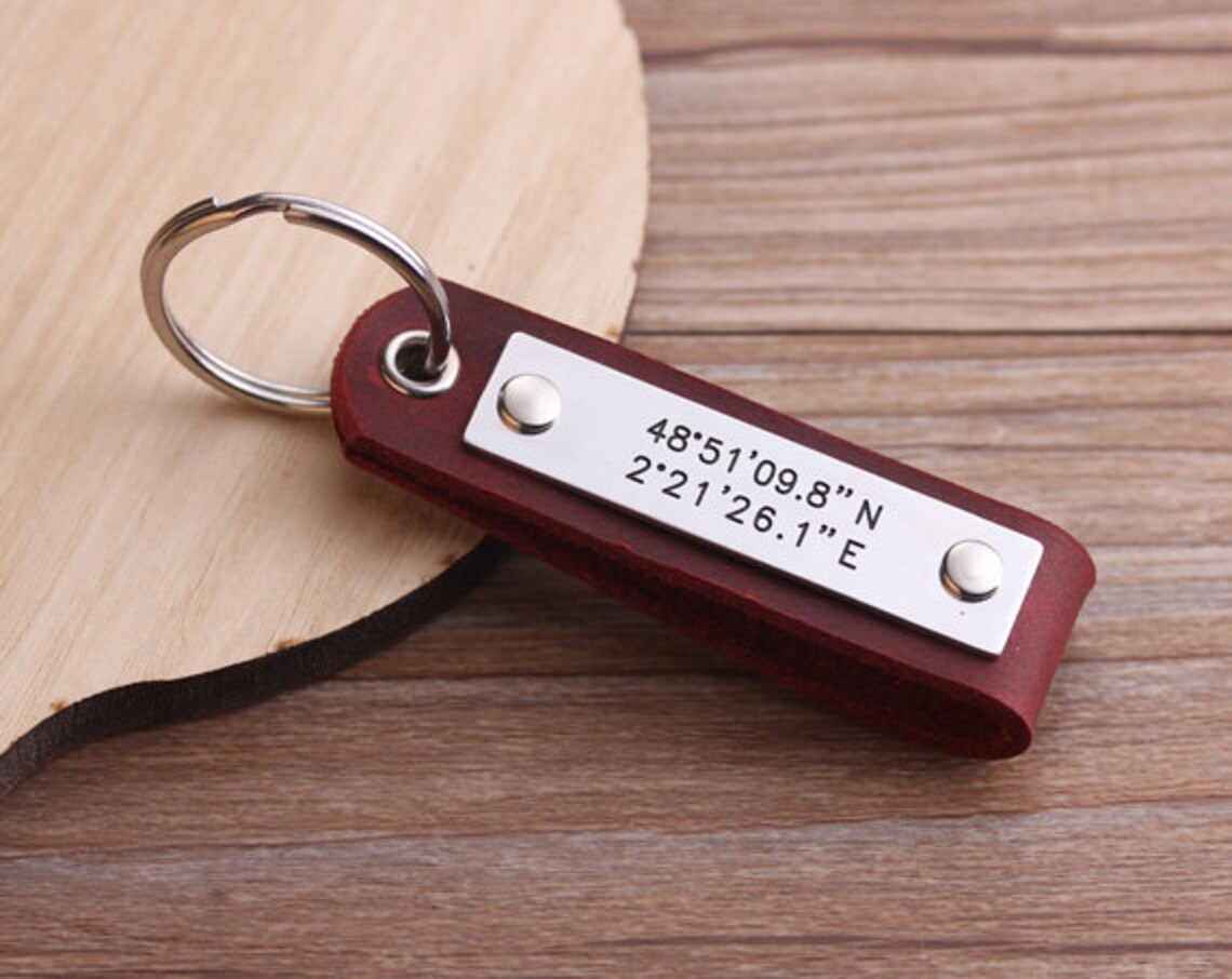 Latitude Longitude Keychain GPS Leather Keychain - Etsy