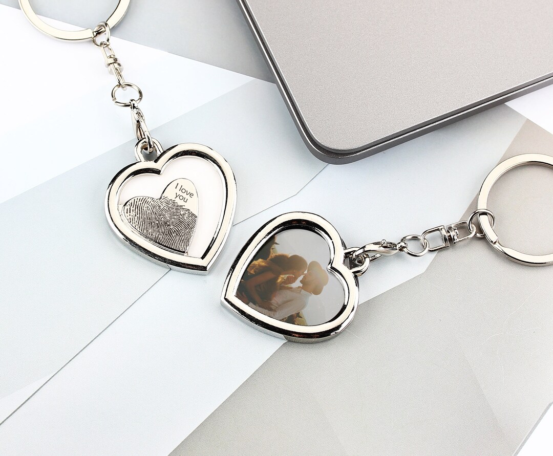 Personalized Heart Shaped Fingerprint Photo Keychain, Stainless Steel ...