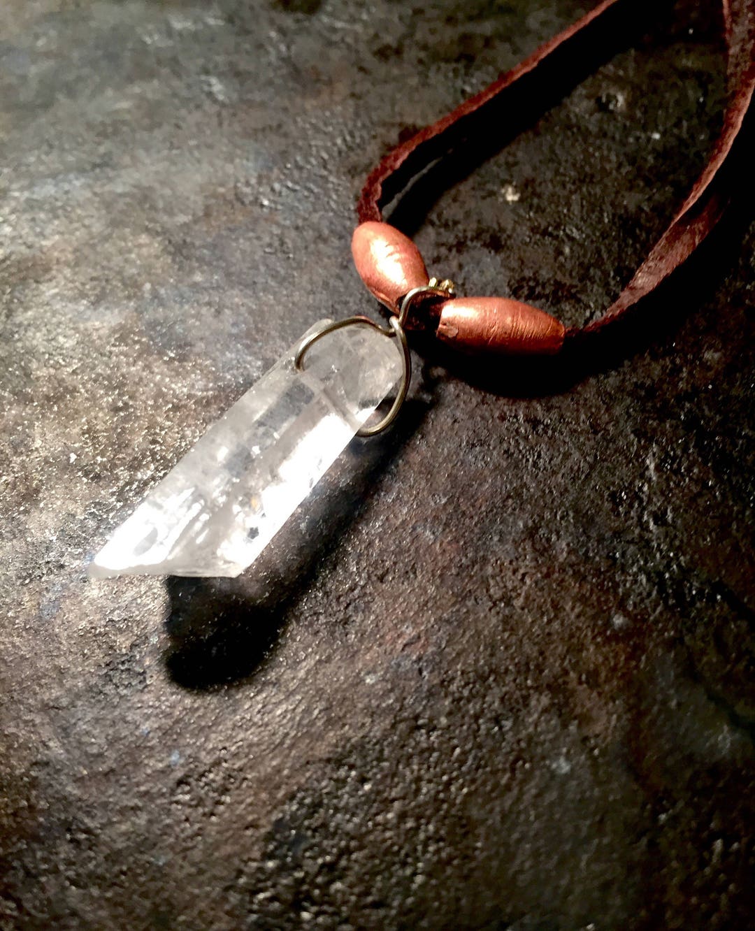 Mens Quartz Crystal Pendent With Two Copper Beads on a Dark Brown ...