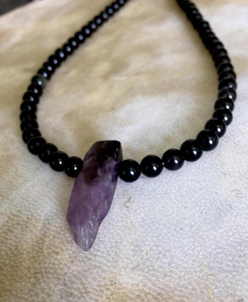 Mens black obsidian necklace with a purple amethyst crystal | Etsy