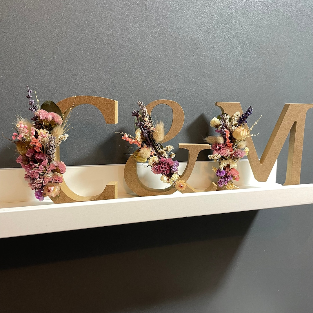 Set of 3 Floral Letters - Dried Flowers on Freestanding Natural Wooden ...