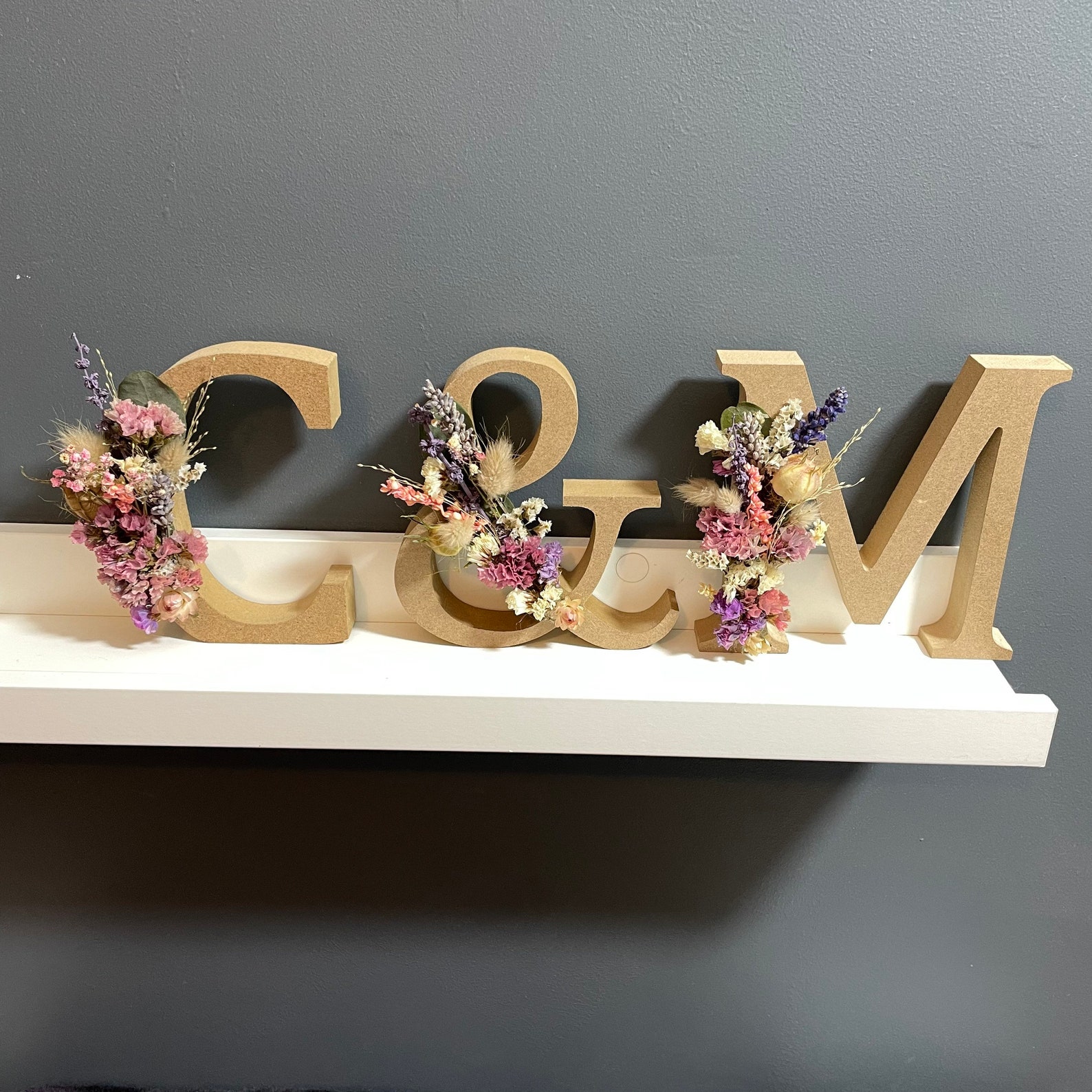 Set of 3 Floral Letters - Dried Flowers on Freestanding Natural Wooden ...