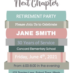 On to the Next Chapter Editable Teacher Retirement Invitation Edit in ...