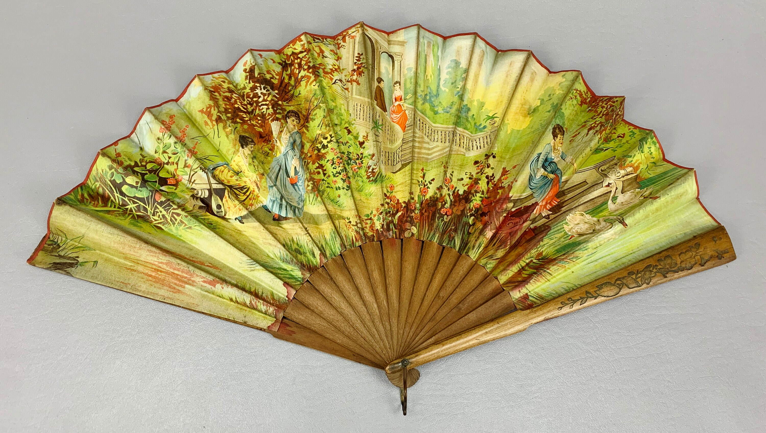 Antique Hand Folding Hand Fan, Carved Wooden Handles, 19th Century ...